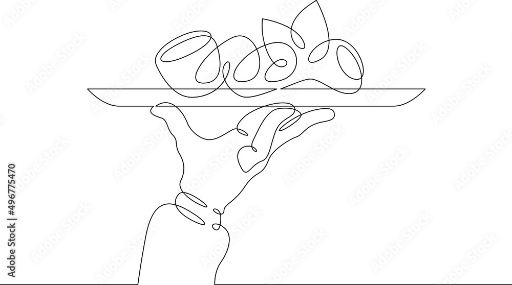 Fruit dish. Vegetable salad.One continuous line drawing.The waiter ...