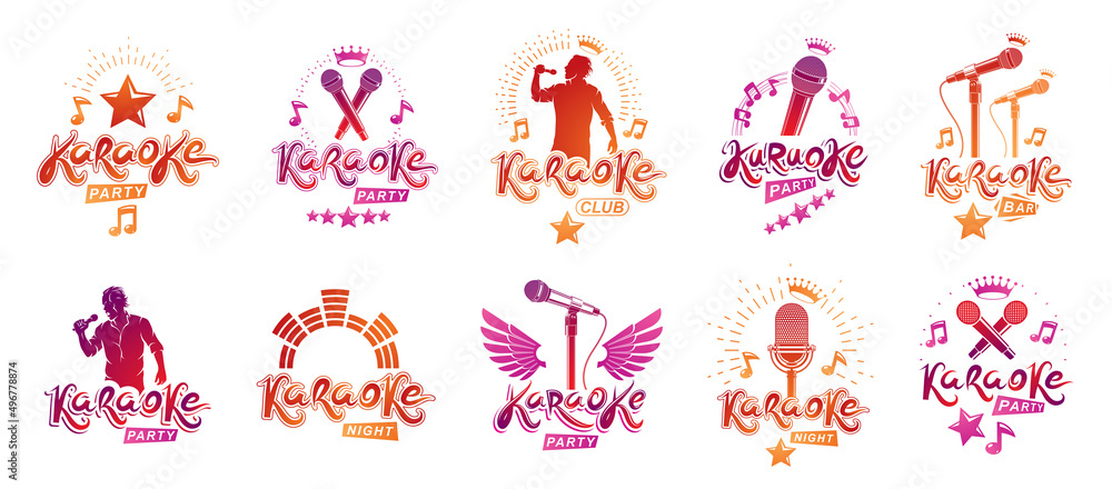 Karaoke party or club logos and emblems vector set isolated, singing ...