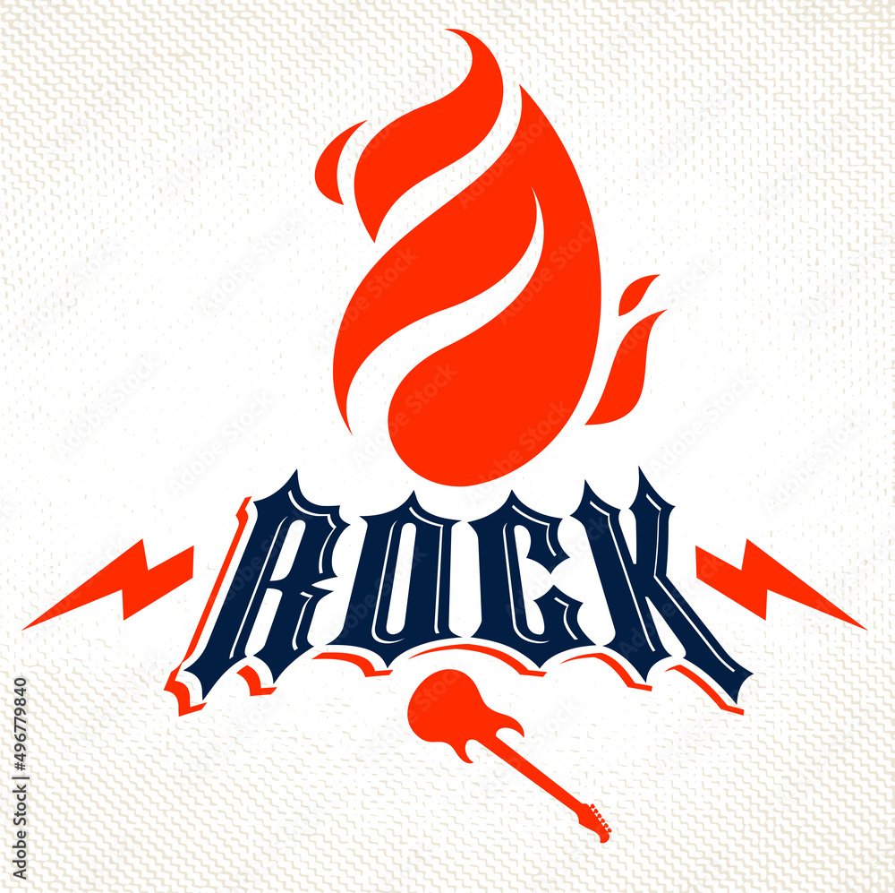 Flames lightning bolt and typing Rock vector emblem or logo, Rock and ...