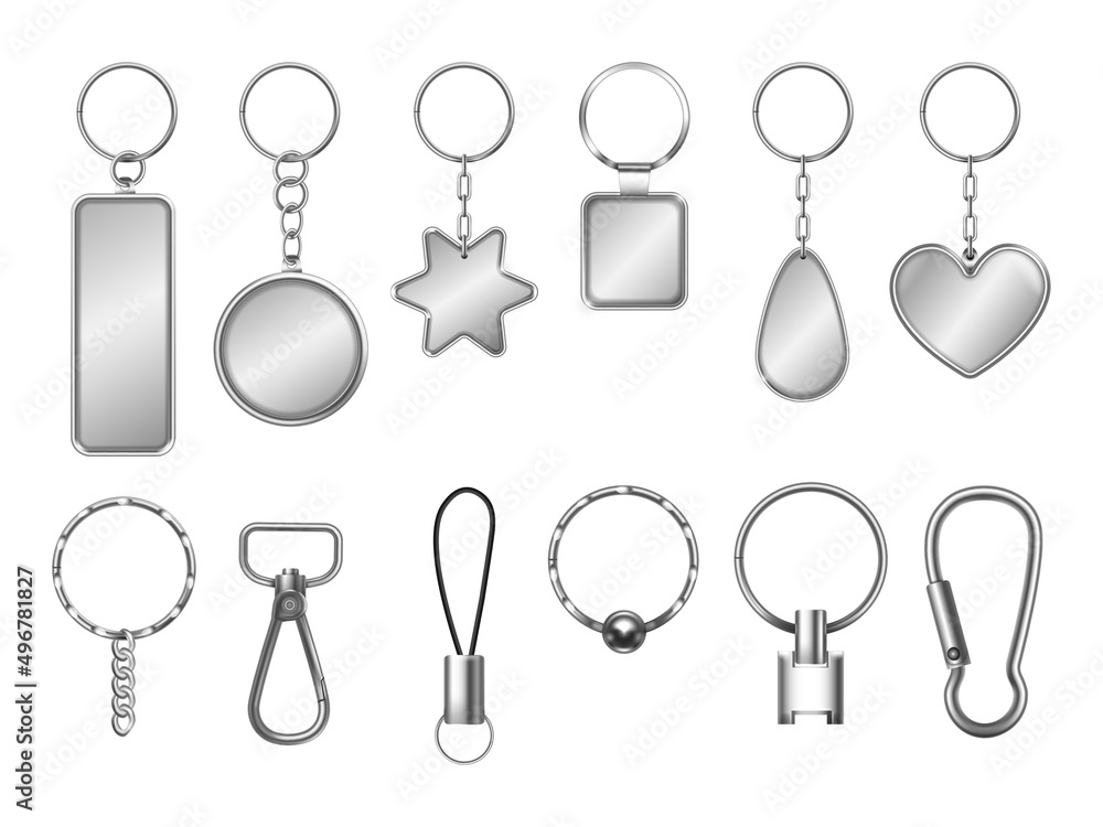 Realistic keyring. Metal key door keychain, metallic chains with blank ...