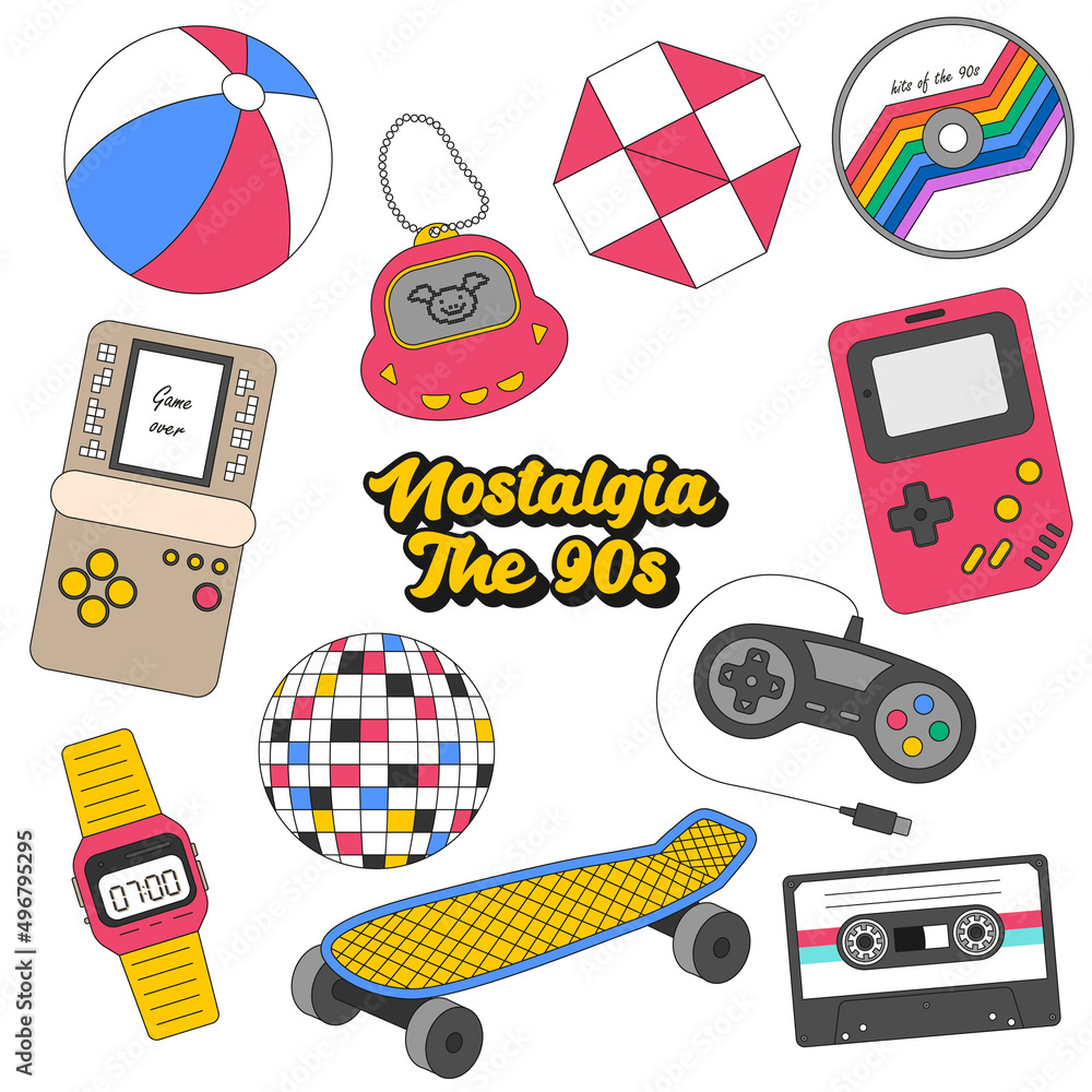 A set of symbols of the 90s. Electronic games, skateboard, disco ball ...