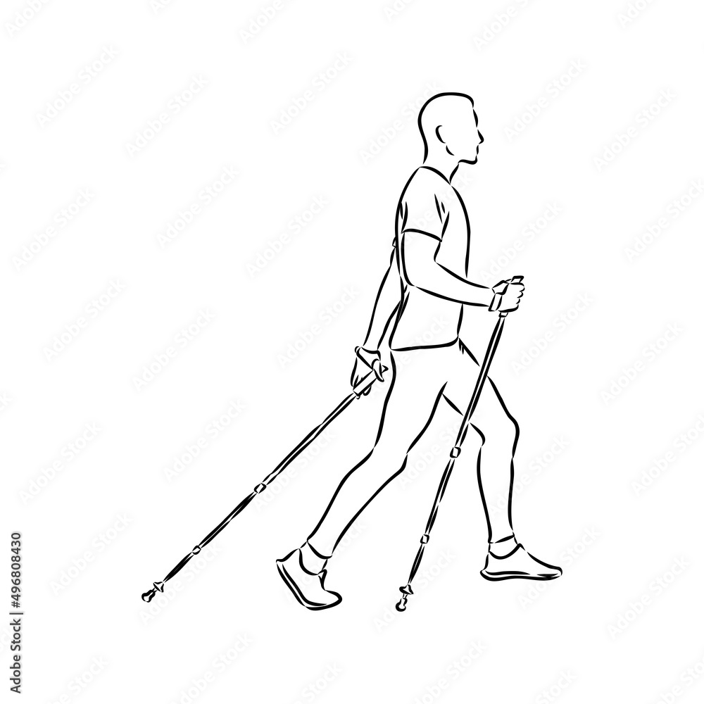 Continuous line drawing. A young woman walks on foot with walking ...