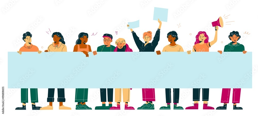 People hold banner. Students group, big blank poster, peaceful protest ...