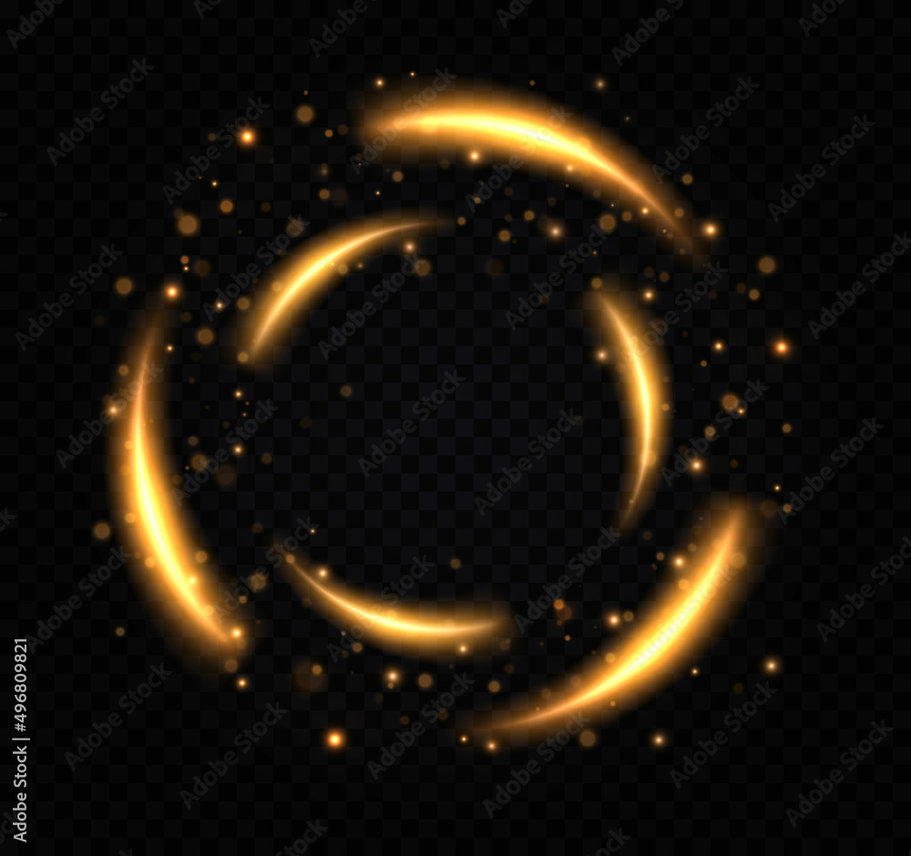 Gold light circle with sparkles. Light golden Twirl. Curve light effect ...