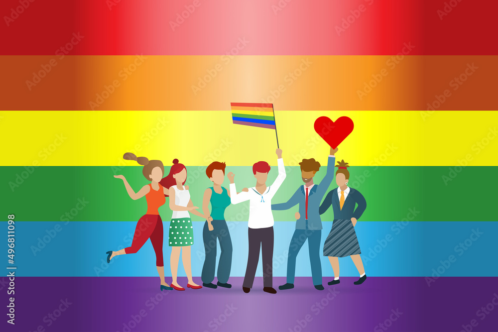 Diverse people parade with LGBT rainbow flag celebrate LGBTQ pride ...