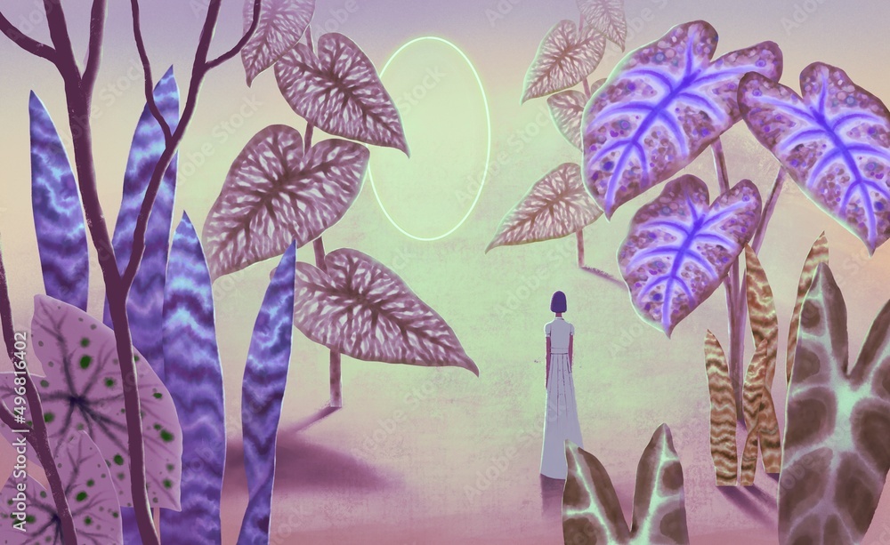 Watercolor painting of a woman and magic door in nature. Lady and leafs ...