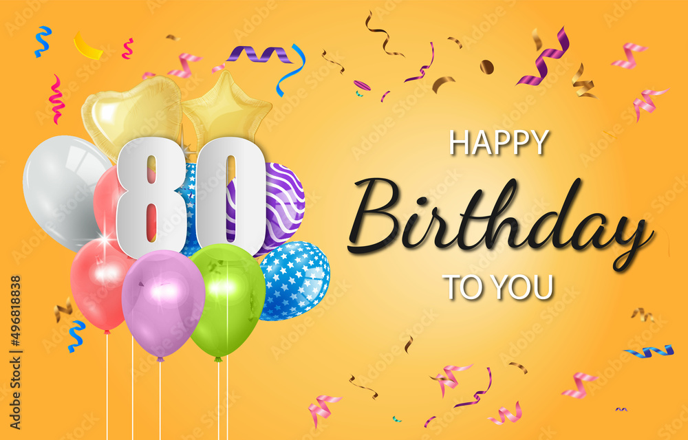 Happy 80th birthday balloons greeting card background vector. Happy ...