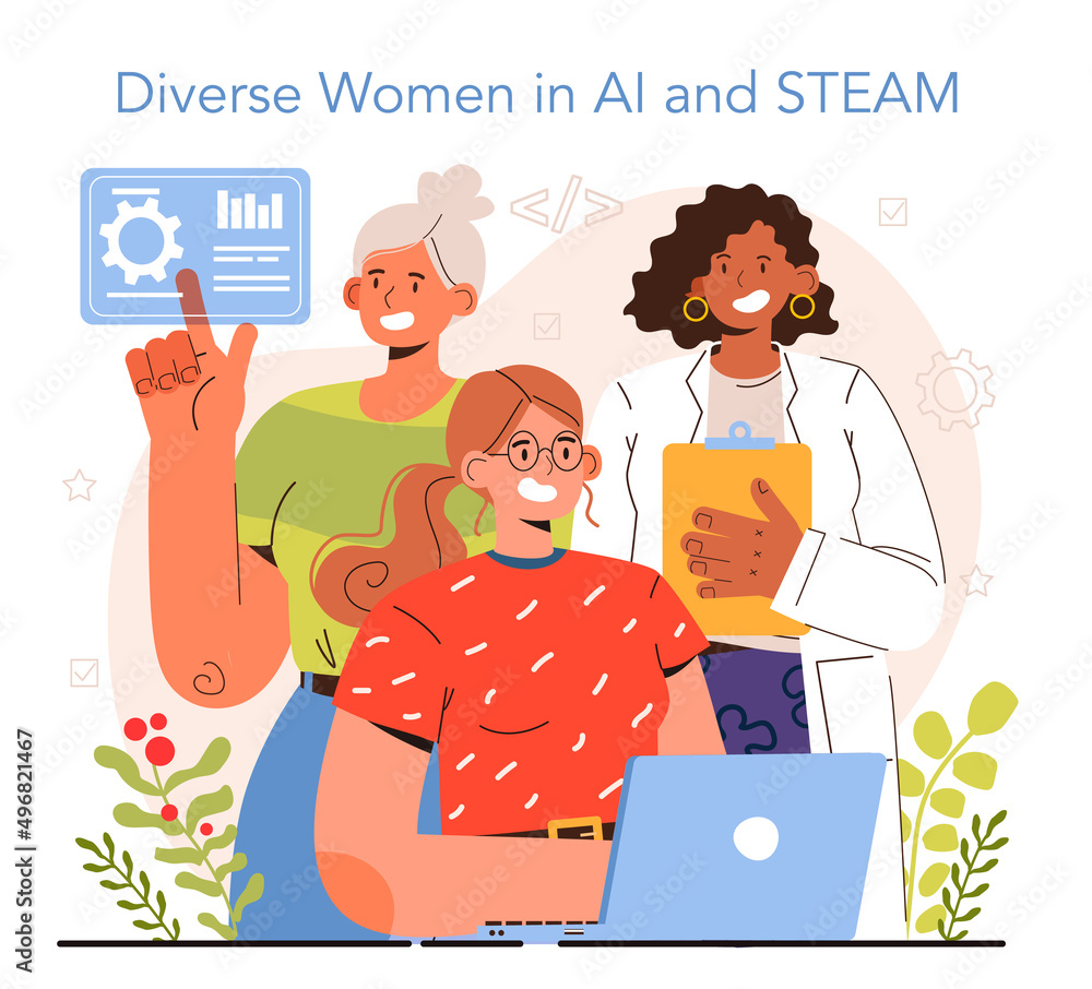 Diverse women in AI and STEM concept. Female character works Stock ...