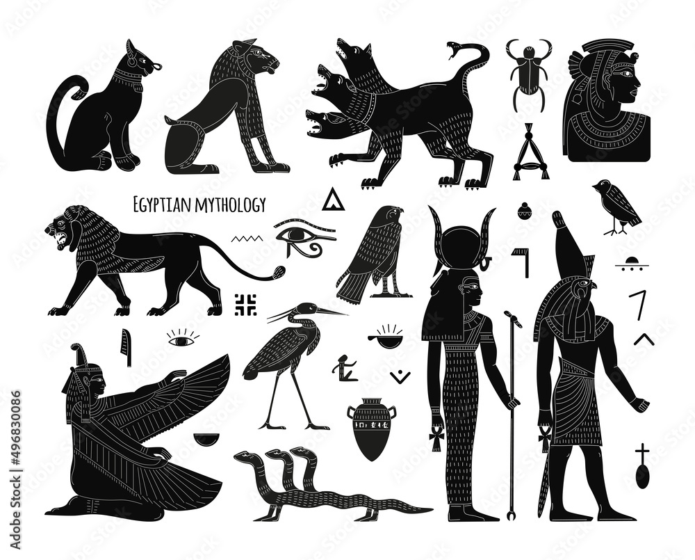 A set of Egyptian mythical animals and creatures, symbols. Black and ...