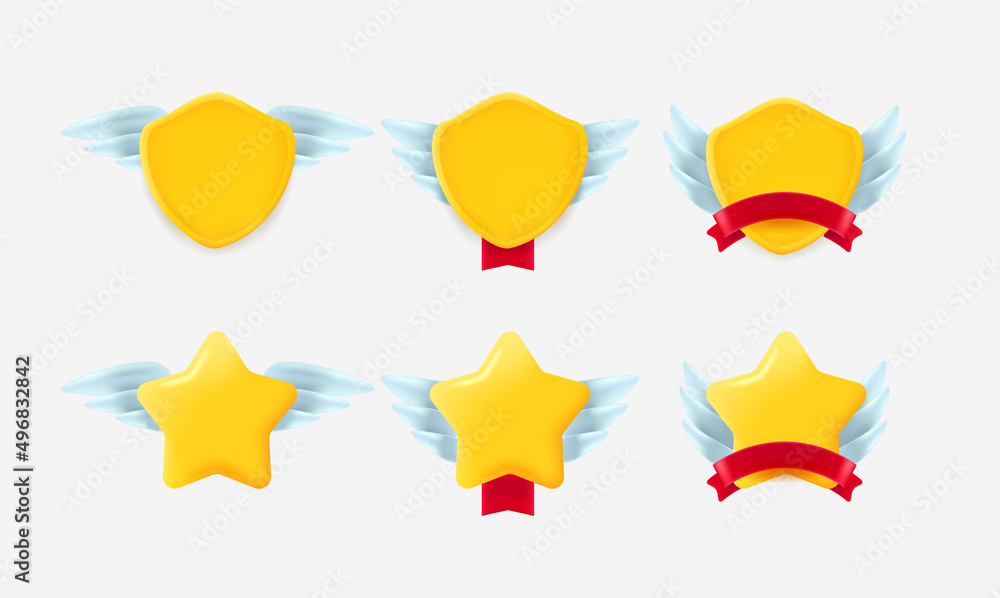 Game rating labels set with wings isolated on white background. 3d ...