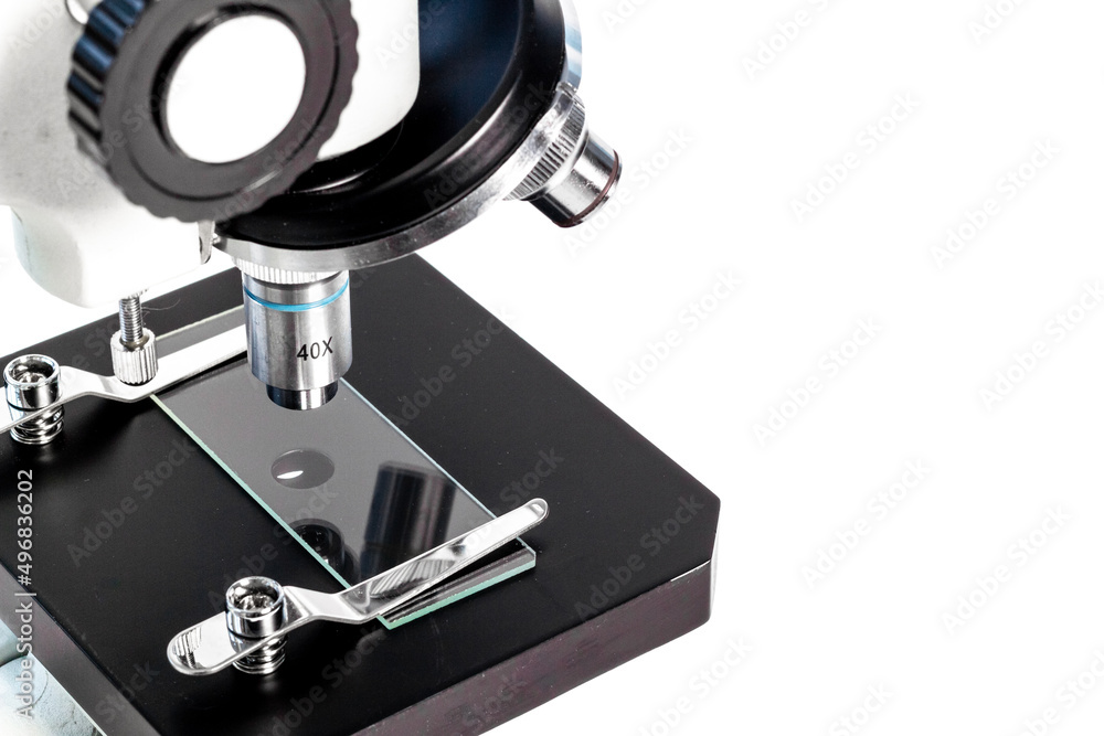 Lens of microscope close up. Research in scientific medical laboratory ...