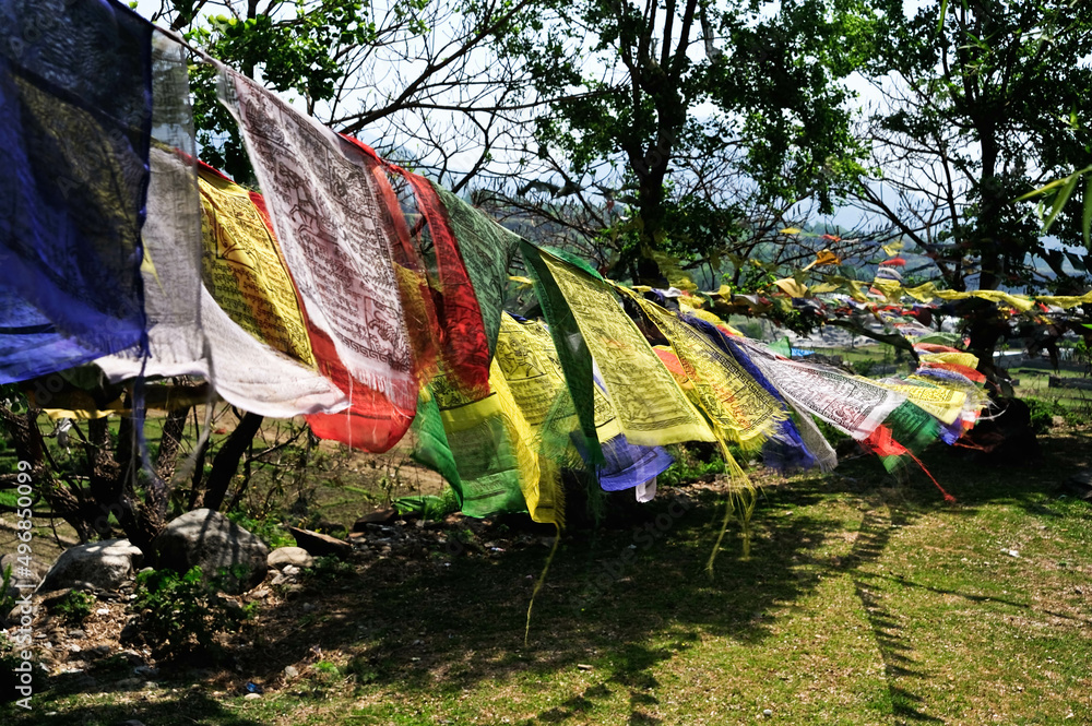 Buddhist Tibetan prayer flag, colorful flag with five different colors ...