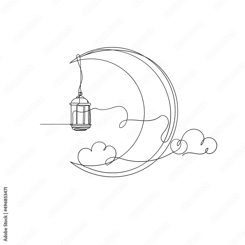 continuous line drawing crescent moon and lantern illustration symbol ...