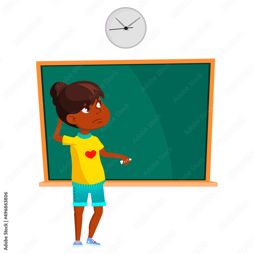 Schoolgirl Thinking At Blackboard In Class Vector. Confused Indian Girl ...