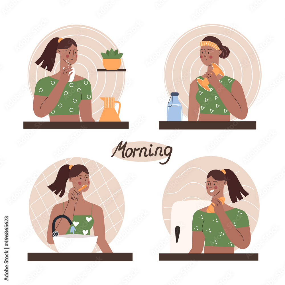 Morning routine. Women do different morning routines. Vector ...
