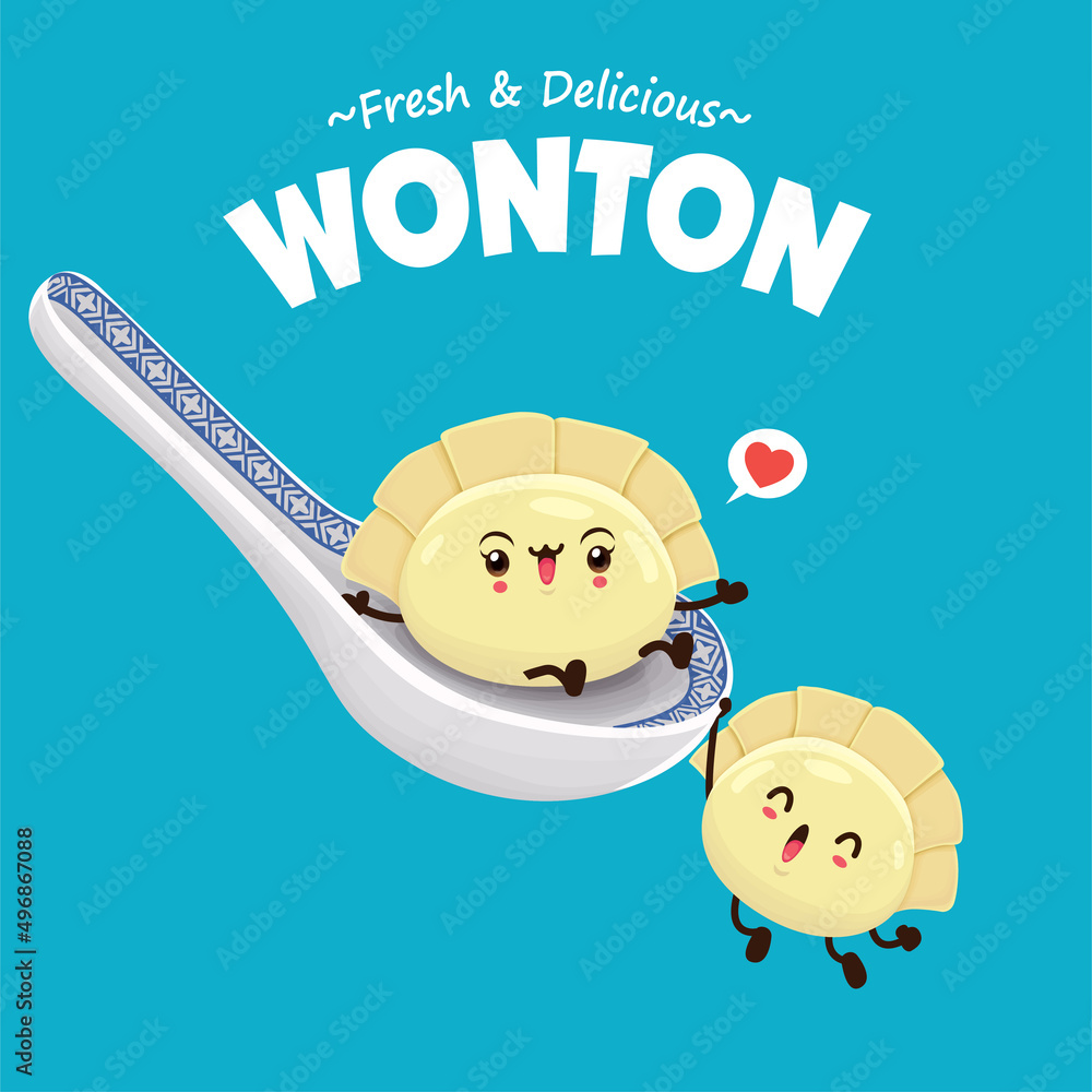 Vintage food poster design with wonton character. Wonton means dumpling ...