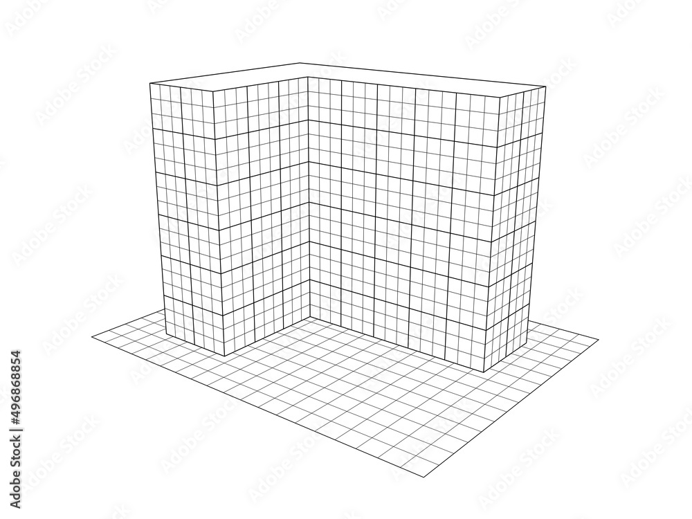 3d grid for design, wireframe perspective view of an l shaped apartment ...