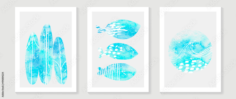 Abstract watercolor summer beach wall art template. Blue sea wallpaper ...
