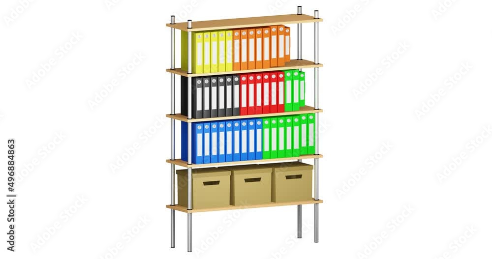 Shelf with drawers and folders. 3d shelf animation. Office furniture ...
