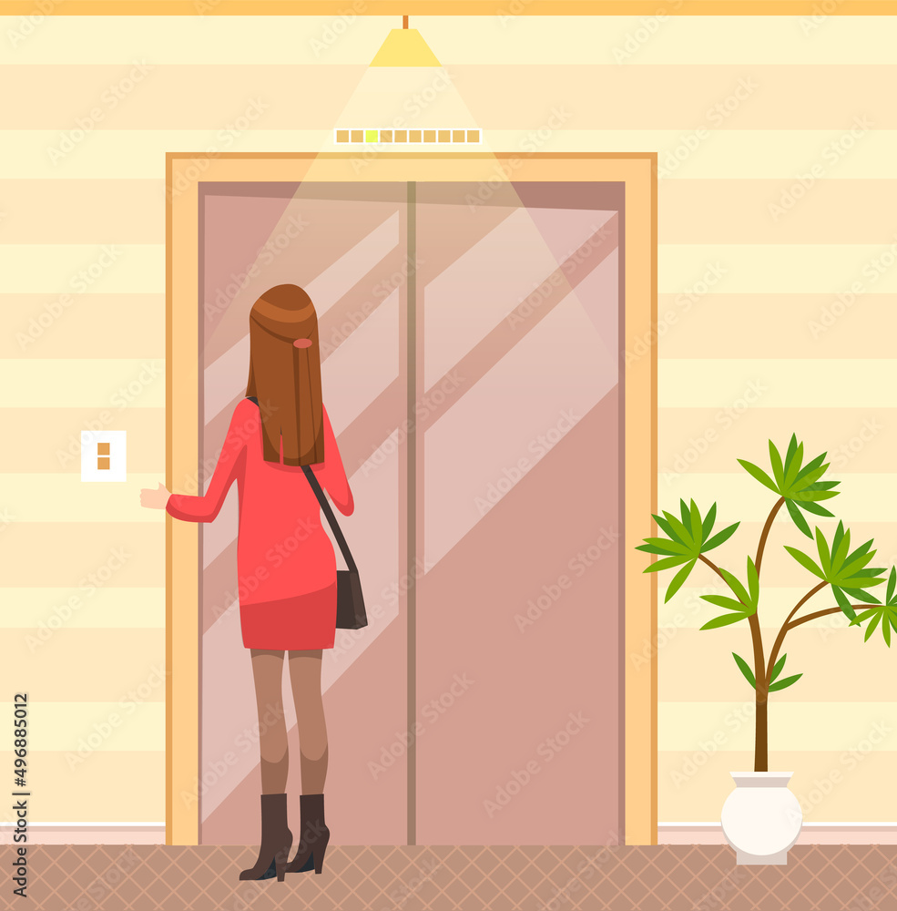 Vektorová grafika „Lady waiting for elevator with iron doors. Female ...