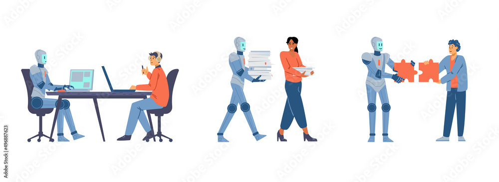 Robot employee helps to work in the office, flat vector illustration ...