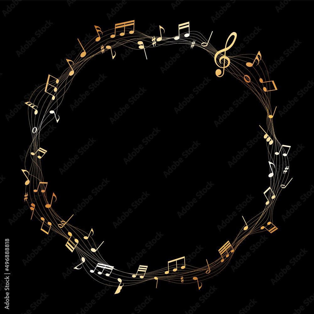 gold colored vector sheet music round frame - musical notes melody on ...