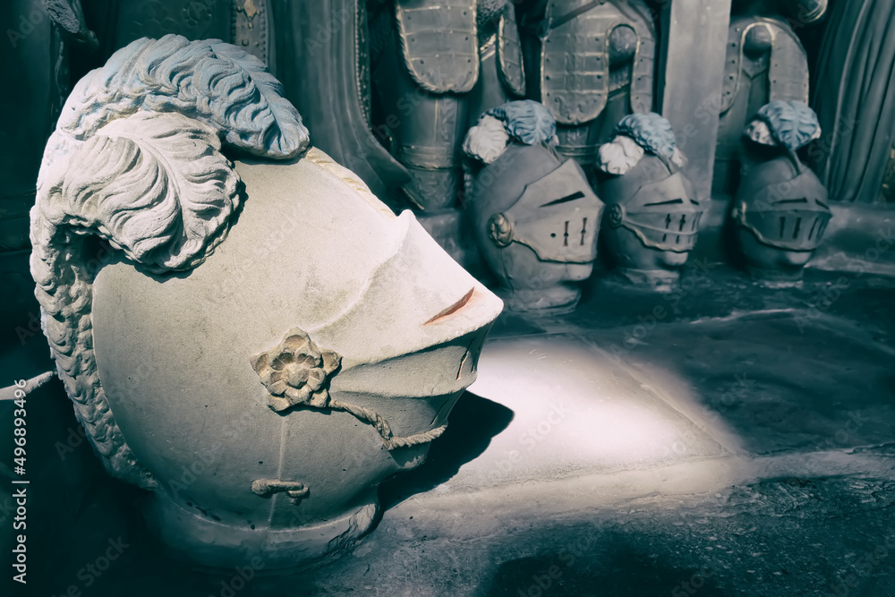 Medieval head protection. Protective helmet with a visor. Medieval ...