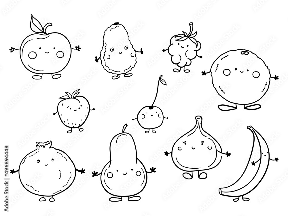 Cute fruit characters line illustration isolated. Coloring page ...