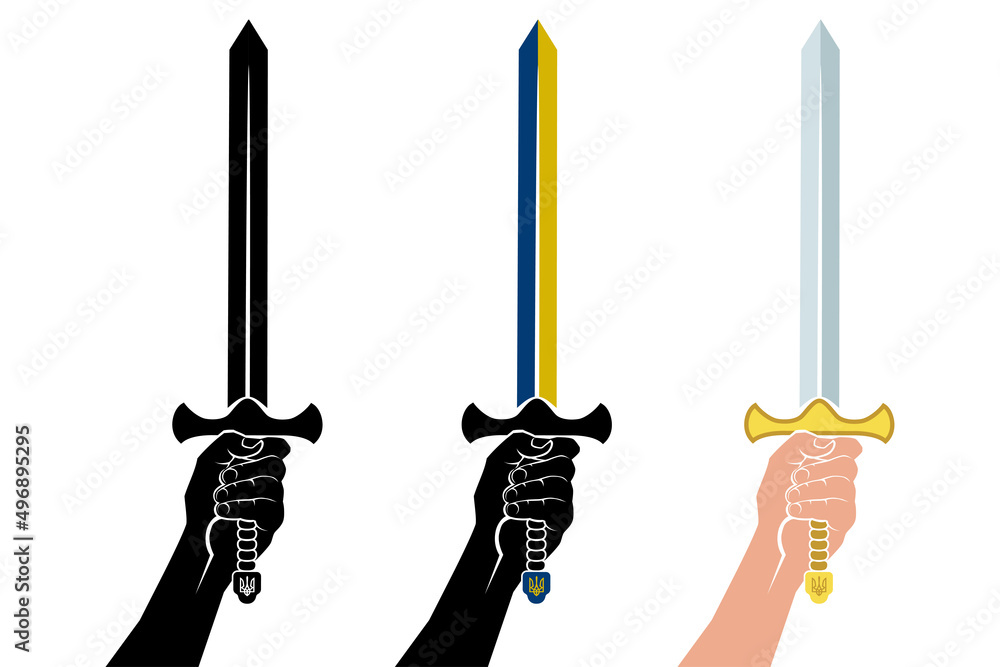 Vecteur Stock Raised hand holds the swords of different silhouette. The ...
