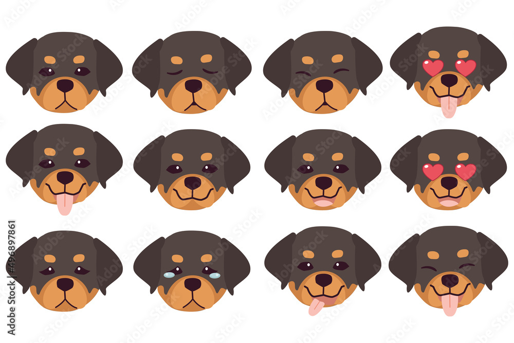 Set of Rottweiler dog emotions. Funny Smiling and angry, sad and ...