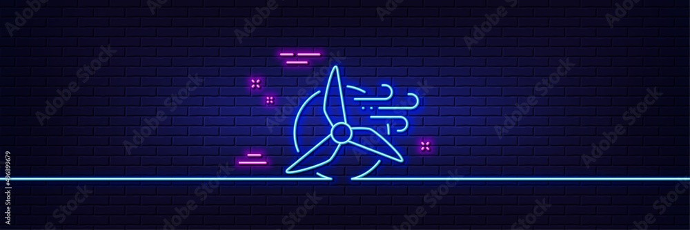 Neon light glow effect. Windmill turbine line icon. Wind power energy ...