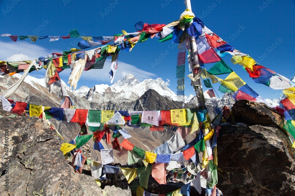 Mount Everest and Lhotse with buddhist prayer flags Stock Photo | Adobe ...