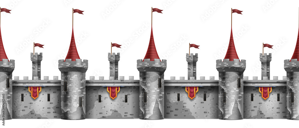 Seamless stone castle wall, old brick tower red flag on white, vector ...