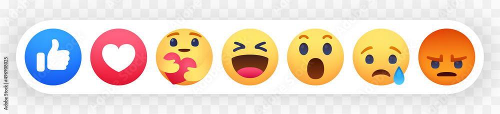 Facebook emoticon buttons. Collection of emoji reactions. Different ...