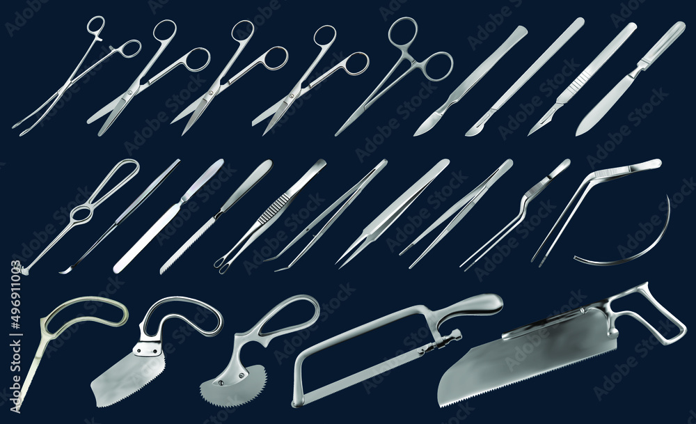 Surgical instruments set. Tweezers, scalpels, saws. Liston's knife ...