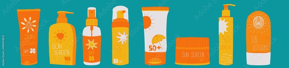 Set of sunscreen bottles, tubes with different SPF from 15 to 100 ...