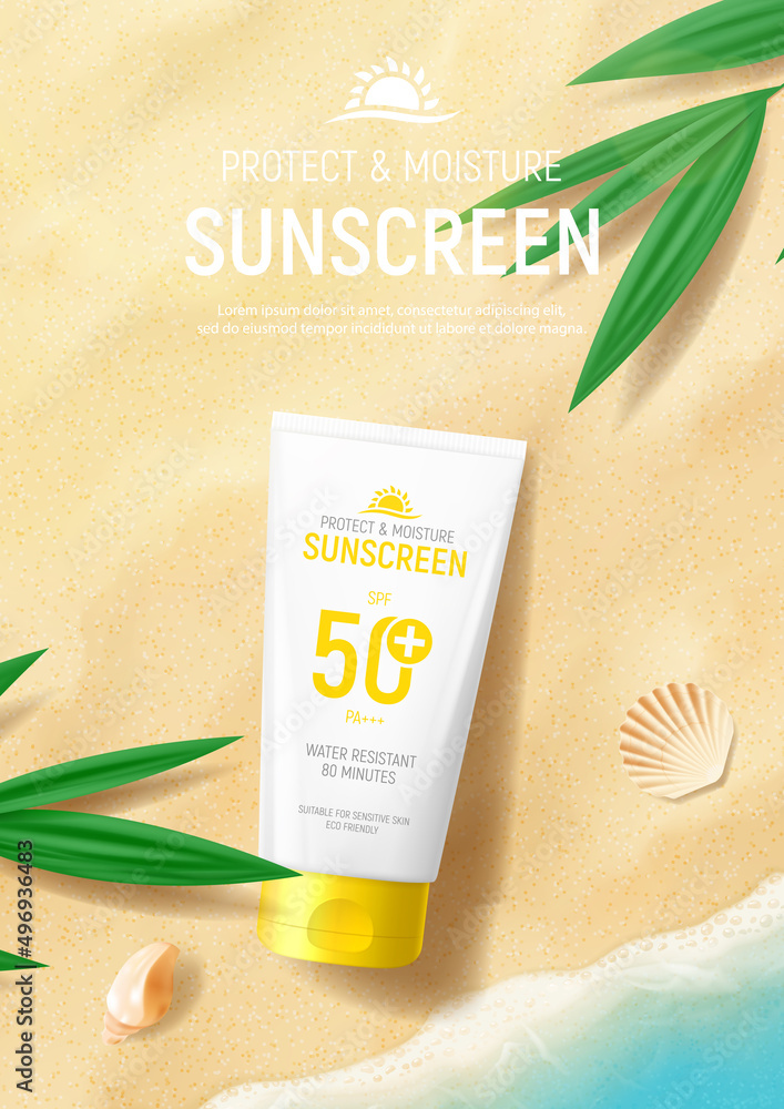 Sunscreen ad poster template. Banner with tube of sunscreen on beach ...