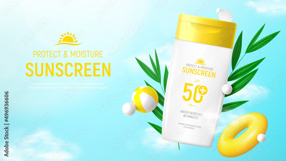 Sunscreen ad banner template. Banner with 3d jar of sunscreen, tropical ...