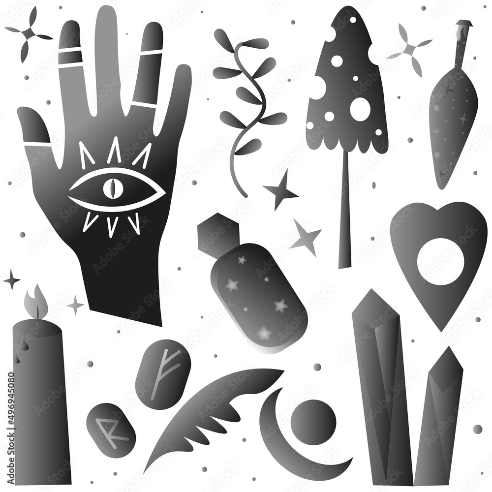 A magical black-and-white set of witchy elements. Aesthetics of magic ...