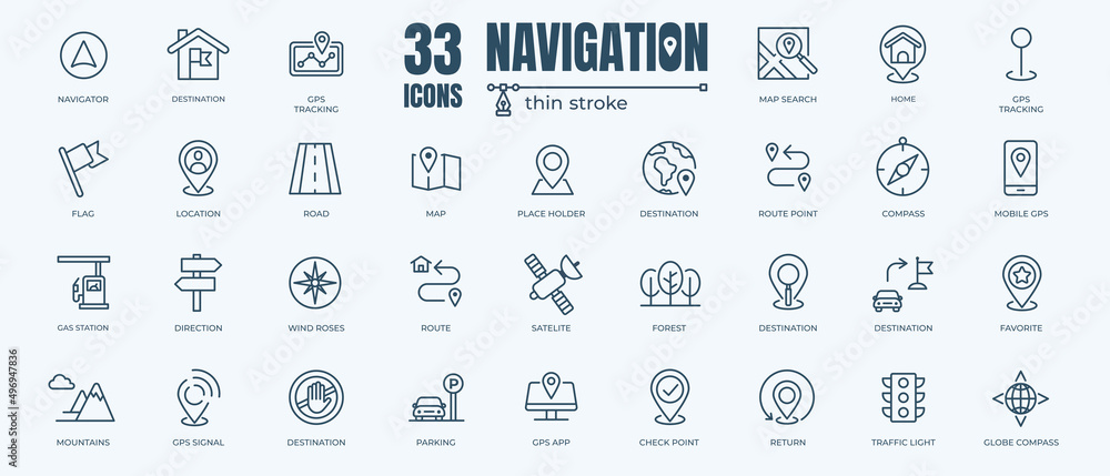 Navigation icon set with editable stroke and white background. Thin ...