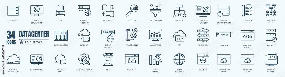 Data center icons set. Outline set of data center vector icons for web ...