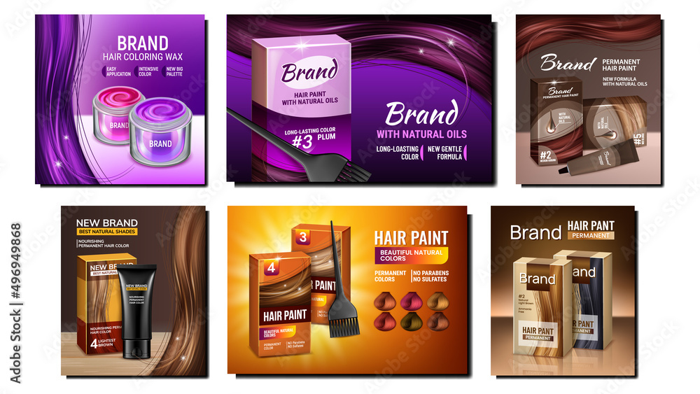 Hair Paint Creative Promotion Posters Set Vector. Brush Tool And ...