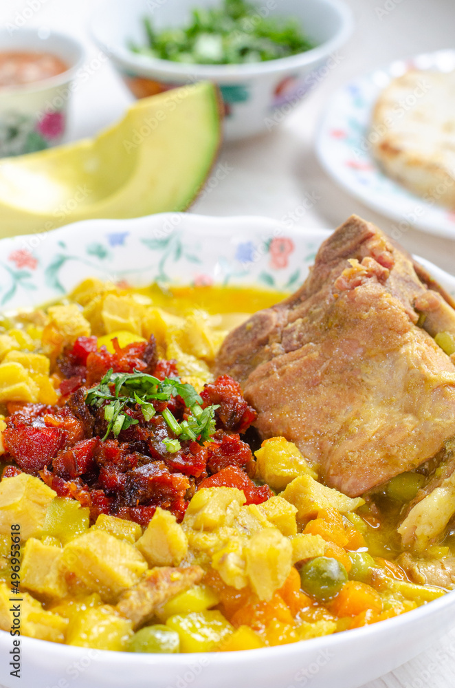 Dish soup with tripe and backbone pork, called mondongo, traditional ...