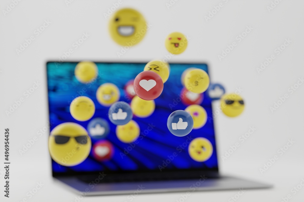 Emoticons coming out of the computer, laptop. Social media concept ...