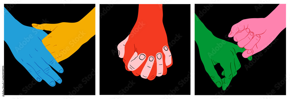 Set of diverse people holding hands, colorful flat cartoon illustration ...