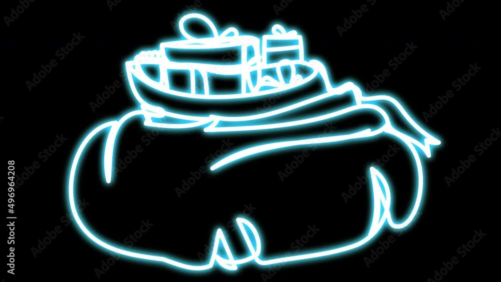 Neon bag with gifts. A symbol of Christmas. Animation of a shining neon ...