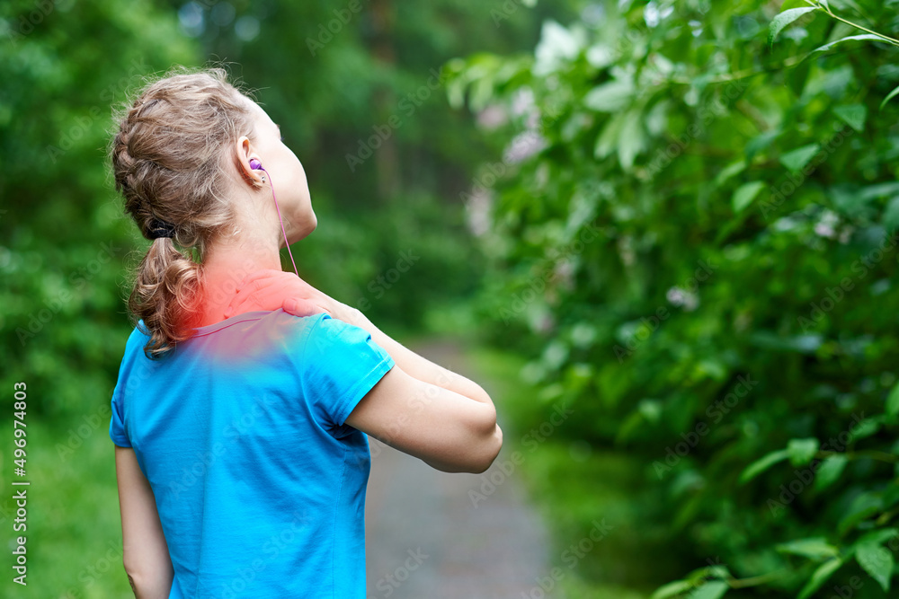 Neck pain during training. Athlete running woman runner with sport ...