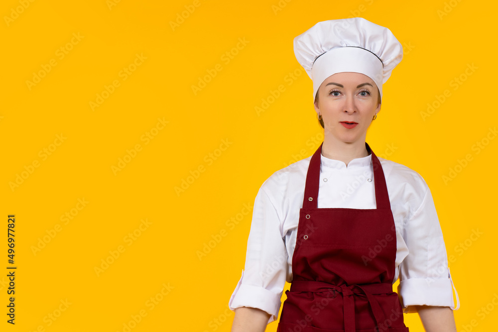 Portrait woman chefs on yellow background. Chef kitchen in work uniform ...