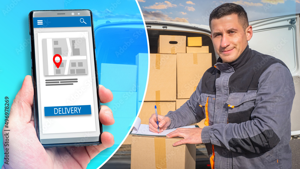 Delivery man full face. Smartphone with delivery app. Ordering cargo ...