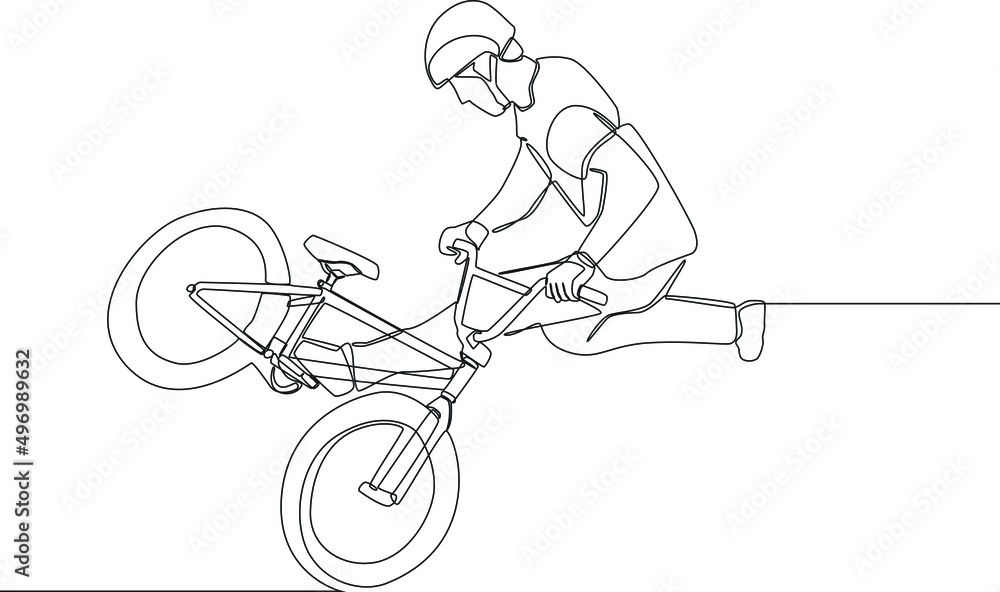 Simple continuous line drawing young rider performing freestyle trick ...